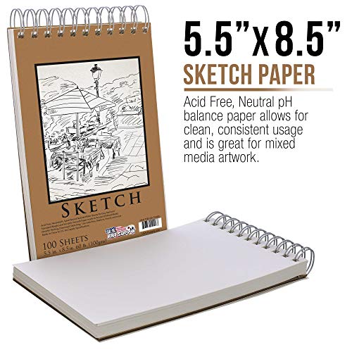 U.S. Art Supply 5.5" x 8.5" Top Spiral Bound Sketch Book Pad, Pack of 2, 100 Sheets Each, 60lb (100gsm) - Artist Sketching Drawing Pad, Acid-Free - Graphite Colored Pencils, Charcoal - Adults Students