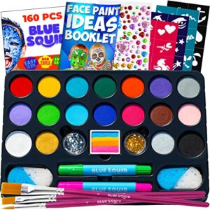 blue squid face painting kit for kids – 22 color 160pcs kids face paint kit with stencils & book, halloween makeup kit, professional face paint kids face painting kit non toxic face paint kit for kids