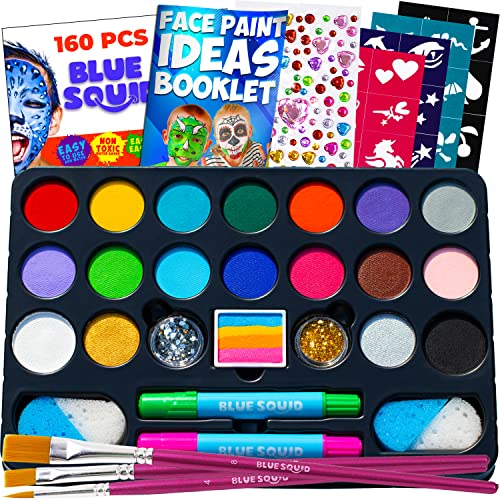 Blue Squid Face Painting Kit for Kids - 22 Color 160pcs Kids Face Paint Kit with Stencils & Book, Halloween Makeup Kit, Professional Face Paint Kids Face Painting Kit Non Toxic Face Paint Kit for Kids