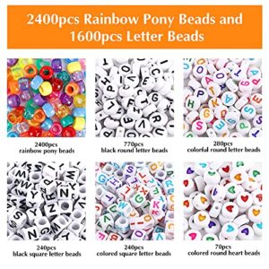 UOONY 4000pcs Pony Beads Kit, 2400pcs Rainbow Kandi Beads and 1600pcs Letter Beads, 24 Colors Plastic Craft Beads Bulk for Bracelets Jewelry Making with 20m Crystal String and 30m Elastic String