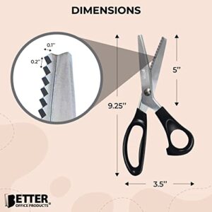 Professional Pinking Shears, 9" Stainless Steel Fabric Pinking Shears, by Better Office Products, Dressmaking Scissors, Zig Zag Cut Scissors, Serrated Blades for Decorative Patterns