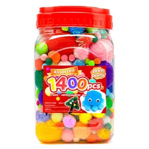 iooleem multi-color pom poms, 1400pcs assorted size & color, pom poms for arts and crafts, pom pom balls with wiggle eyes in jar, glitter pom poms, craft supplies.