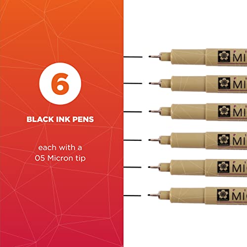 SAKURA Pigma Micron Fineliner Pens - Archival Black Ink Pens - Pens for Writing, Drawing, or Journaling - Black Ink - 05 Point Size - 6 Pack