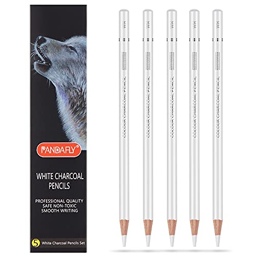 PANDAFLY White Charcoal Pencils Drawing Set, Professional 5 Pieces Sketch Highlight White Pencils for Drawing, Sketching, Shading, Blending, White Chalk Pencils for Beginners & Artists