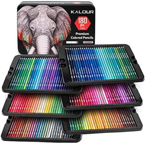 kalour 180 colored pencil set for adults artists kids- 3.3mm rich pigment soft core -12 metallic pencil – wax-based – ideal for coloring drawing sketching shading blending – vibrant color（tin case）