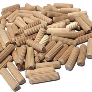 100 Pack 3/8" x 1 1/2" Wooden Dowel Pins Wood Kiln Dried Fluted and Beveled, Made of Hardwood