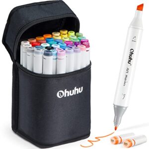 ohuhu alcohol markers, double tipped art markers for kids, adults coloring illustrations, alcohol-based ink, 40 unique colors + 1 blender + 1 marker case, chisel & fine, oahu series of ohuhu markers