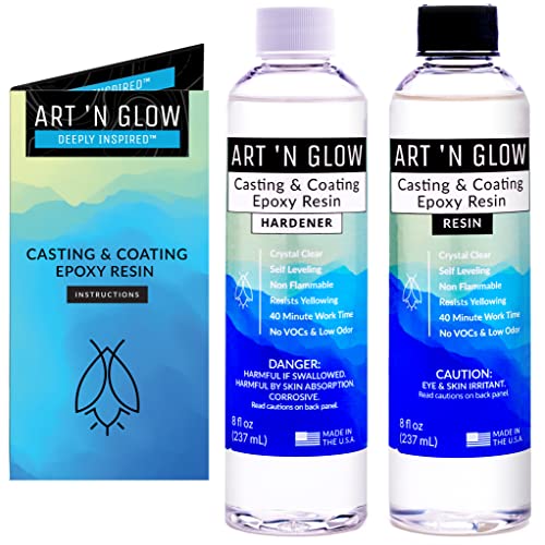 Art ‘N Glow Epoxy Resin for Clear Casting and Coating - 16 Ounce Kit - Perfect for Molds, Crafts, Tumblers, Jewelry, Wood - Food Safe, Non Yellowing, Bubble Free, and Made in The USA