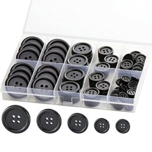 Premium 100 Pcs Resin Sewing Buttons, Eco-Friendly 4-Hole Craft Buttons, 5 Sizes of Black Round Mixed Buttons Suitable for Sewing, DIY and Holiday Decoration