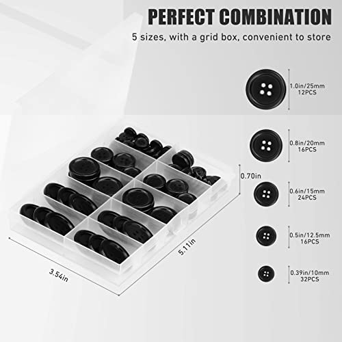 Premium 100 Pcs Resin Sewing Buttons, Eco-Friendly 4-Hole Craft Buttons, 5 Sizes of Black Round Mixed Buttons Suitable for Sewing, DIY and Holiday Decoration