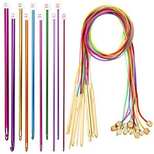 23 pieces tunisian crochet hooks kit including 12pcs 3-10 mm bamboo knitting needle with bead carbonized bamboo needle + 11pcs 2-8 mm multi color tunisian afghan aluminum crochet hooks