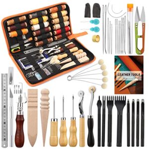 BUTUZE Leather Working Tools, Leather Tool Kit, Practical Leather Craft Kit with Waxed Thread Groover Awl Stitching Punch Hole for Leathercraft Beginner or Adults Gifts - Comes with Tool Manual