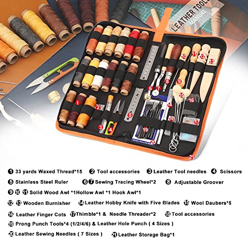 BUTUZE Leather Working Tools, Leather Tool Kit, Practical Leather Craft Kit with Waxed Thread Groover Awl Stitching Punch Hole for Leathercraft Beginner or Adults Gifts - Comes with Tool Manual