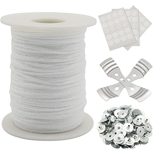 Candle Wick Roll, RAPUDA 200 Ft 24 PLY Braided Wick Spool, 2 Pcs Metal Candle Wick Holders,100 Pcs Metal Sustainer Tabs, 60 pcs Candle Thread Stickers for Candle DIY Craft Making