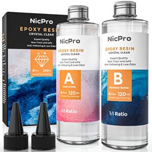 nicpro 8 ounce crystal clear epoxy resin kit, food safe diy starter art resin for craft, canvas painting, molds pigment jewelry making, resin coating and casting