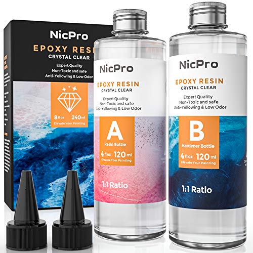 Nicpro 8 Ounce Crystal Clear Epoxy Resin Kit, Food Safe DIY Starter Art Resin for Craft, Canvas Painting, Molds Pigment Jewelry Making, Resin Coating and Casting