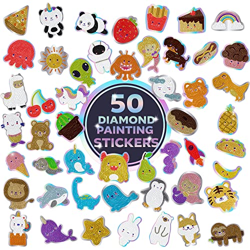 50 Kawaii Diamond Painting Stickers - Kids Diamond Painting Kits for Kids with Holographic Diamond Art Stickers - Diamond Art For Kids Gem Art Kits for Kids - Diamond Painting for Kids Gem Painting