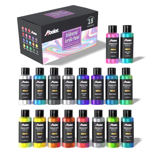 ABEIER Iridescent Acrylic Paint, Set of 18 Chameleon Colors, 2 oz/60ml Bottles, Color-shifting, Non-Toxic, High Viscosity, Blendable, Paints on Rocks Crafts Canvas Wood, Fabric, Ceramic & Stone