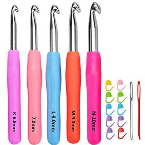 size 6.5mm 7.0mm 8.0mm 9.0mm 10.0mm crochet hooks set ergonomic grip soft handles aluminum crochet hook size k l m n/p in case