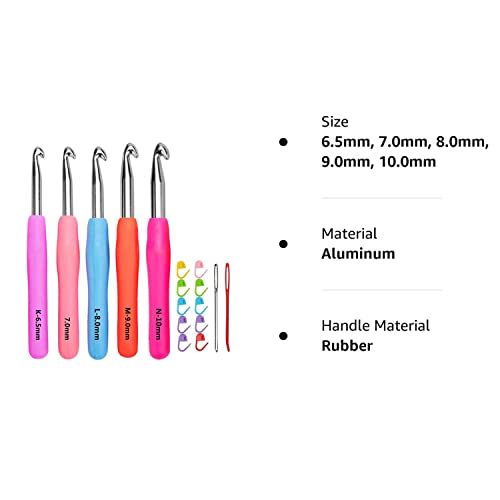 Size 6.5mm 7.0mm 8.0mm 9.0mm 10.0mm Crochet Hooks Set Ergonomic Grip Soft Handles Aluminum Crochet Hook Size K L M N/P in Case