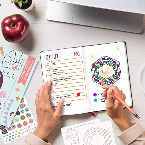 Easy to Use Stencil Set for Dotted Journals - Time Saving Planner Accessories/Supplies Kit Makes Creating Layouts Easy - Incl. Bullet Point Checklists, Daily/Weekly/Monthly Calendars