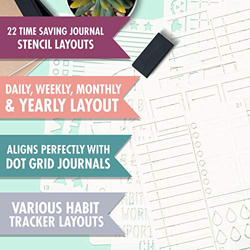 Easy to Use Stencil Set for Dotted Journals - Time Saving Planner Accessories/Supplies Kit Makes Creating Layouts Easy - Incl. Bullet Point Checklists, Daily/Weekly/Monthly Calendars