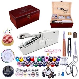 handheld sewing machine, hand held sewing device heavy duty, hand sewing machine portable, wooden sewing box with 153 pcs sewing kit