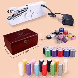 Handheld Sewing Machine, Hand held Sewing Device Heavy duty, Hand Sewing Machine Portable, Wooden Sewing Box with 153 Pcs Sewing Kit