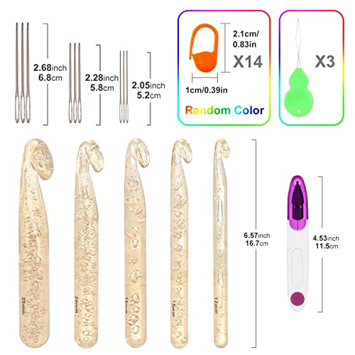 Vodiye 32 Pcs Crochet Hooks Set, Ergonomic 12mm-25mm Large Crochet Hooks for Chunky Yarn, Professional Huge Crochet Needles and Accessories for DIY Crafts, Carpets, Scarves