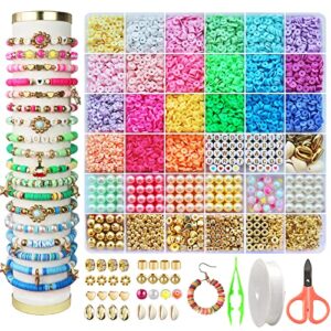 Redtwo 6200 Pcs Clay Beads Bracelet Making Kit, Flat Round Polymer Heishi Beads Friendship Bracelet Kit with Charms and Elastic Strings, Jewelry Making Kit for Girls 8-12 Gifts for Kids