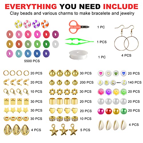 Redtwo 6200 Pcs Clay Beads Bracelet Making Kit, Flat Round Polymer Heishi Beads Friendship Bracelet Kit with Charms and Elastic Strings, Jewelry Making Kit for Girls 8-12 Gifts for Kids