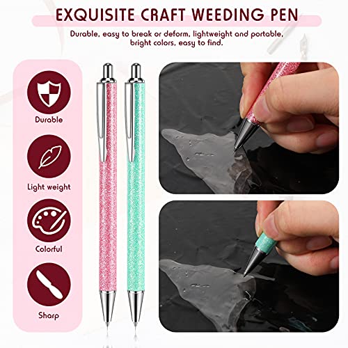 2 Pieces Weeding Pen Vinyl Pen Pin Weeding Tool Fine Point Weeding Tool Glitter Metal Vinyl Air Release or Car Puncturing Installation Retractable Craft Vinyl Tool for DIY (Green, Pink)