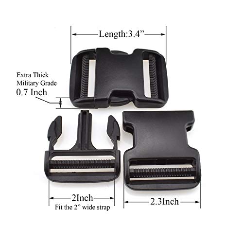 SGH Pro Extra Thick Military Grade Dual Adjustable Quick Side Release Buckles Clips Snaps 2" Wide 2 Pack No Sewing Heavy Duty Plastic Replacement for Nylon Strap Webbing Boat Cover Backpack Fanny Pack