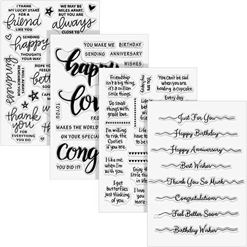 4 Sheets Words Clear Stamp Silicone Stamp Cards with Sentiments, Greeting Words Pattern for Thanksgiving Christmas Holiday Card Making and DIY Scrapbooking Journaling