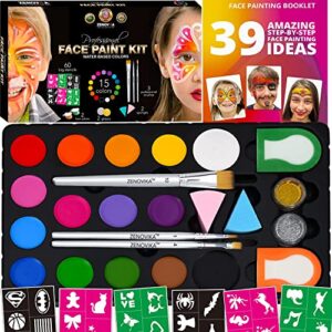 zenovika face paint kit for kids – 60 jumbo stencils, 15 large water based paints, 2 glitters – halloween makeup kit, professional face paint palette, safe for sensitive skin, face painting book