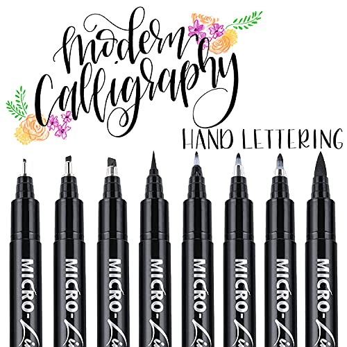 Dyvicl Hand Lettering Pens, Calligraphy Brush Pens Art Markers for Beginners Writing, Sketching, Art Drawing, Illustration, Scrapbooking, Journaling, Black Ink Pen Set, 8 Sizes