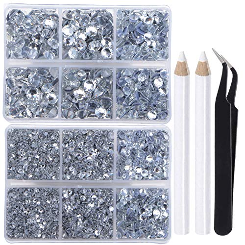 LPBeads 6400 Pieces Hotfix Rhinestones Clear Flat Back 5 Mixed Sizes Crystal Round Glass Gems with Tweezers and Picking Rhinestones Pen