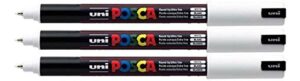 uni posca pc-1mr white colour paint marker pens ultra fine 0.7mm calibre tip nib writes on any surface glass metal wood plastic fabric (pack of 3)