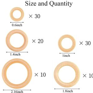 100 PCS 5 Sizes Natural Wood Rings, Unfinished Smooth Wooden Ring, Wood Circles forCraft, Ring Pendant and Connectors Jewelry Making (100pcs-5 Sizes)