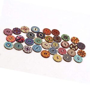 Mahaohao 100pcs Mixed Random Flower Painting Round 2 Holes Wood Wooden Buttons for Sewing Crafting 20mm