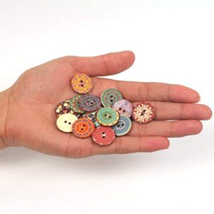 Mahaohao 100pcs Mixed Random Flower Painting Round 2 Holes Wood Wooden Buttons for Sewing Crafting 20mm