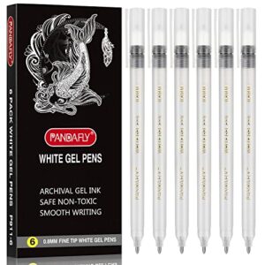 pandafly white gel pens set, 6 pack, 0.8mm fine point pens gel ink pens for artists, archival ink pens, white highlight pens for black paper drawing, illustration, sketching, writing