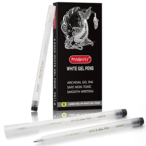 PANDAFLY White Gel Pens Set, 6 Pack, 0.8mm Fine Point Pens Gel Ink Pens For Artists, Archival Ink Pens, White highlight Pens for Black Paper Drawing, Illustration, Sketching, Writing