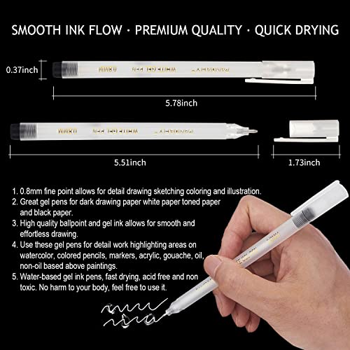 PANDAFLY White Gel Pens Set, 6 Pack, 0.8mm Fine Point Pens Gel Ink Pens For Artists, Archival Ink Pens, White highlight Pens for Black Paper Drawing, Illustration, Sketching, Writing