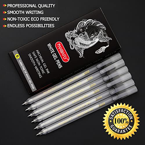 PANDAFLY White Gel Pens Set, 6 Pack, 0.8mm Fine Point Pens Gel Ink Pens For Artists, Archival Ink Pens, White highlight Pens for Black Paper Drawing, Illustration, Sketching, Writing