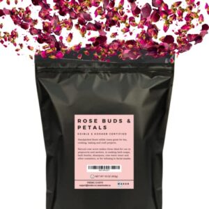 dried rose petals and rose buds – red – 1 pound edible flowers – use in tea, baking, making rose water, crafting, wedding confetti – included sample bottle of rose absolute essential oil – by bmaker