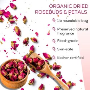 Dried Rose Petals and Rose Buds - Red - 1 Pound Edible Flowers - Use in Tea, Baking, Making Rose Water, Crafting, Wedding Confetti - Included Sample Bottle of Rose Absolute Essential Oil - by bMAKER