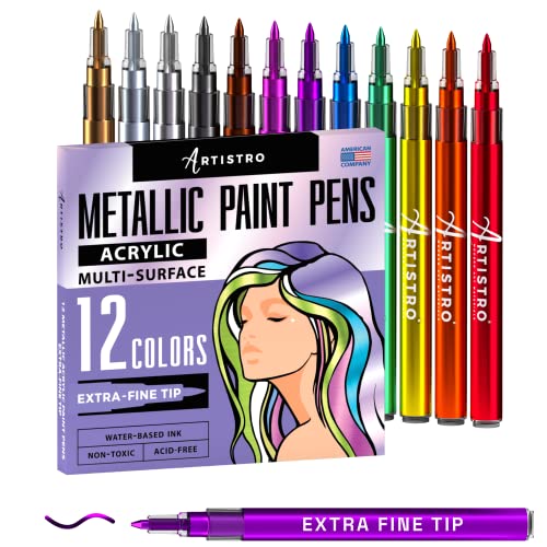 Metallic Paint Pens for Rock Painting, Stone, Ceramic, Glass, Wood, Fabric, Pebbles, Scrapbook Journals, Photo Albums, Card Stocks. Set of 12 Acrylic Paint Markers Extra-Fine Tip 0.7mm