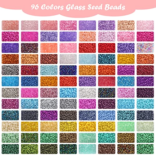 QUEFE 48000pcs 2mm Glass Seed Beads for Jewelry Making Kit, 96 Colors Small Beads Kit Bracelet Beads with Pendant Charms Kit and Letter Beads for Bracelets Necklace Ring Making, DIY, Art and Craft