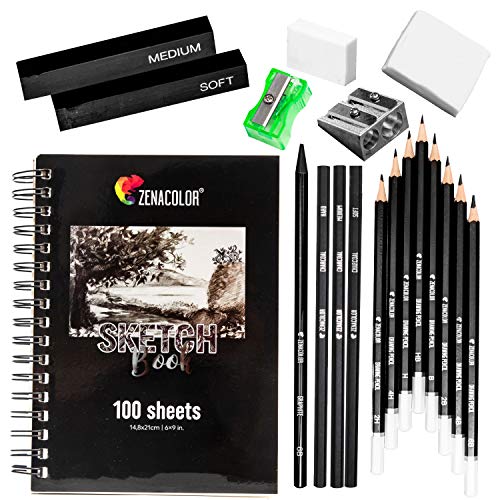 Zenacolor - Drawing Set, Sketch Kit for Beginners or Professional - Sketching kit with Sketchbook, 8 Drawing Pencils, 3 Charcoal Pencils, 1 Graphite Pencil, 2 Charcoal Sticks